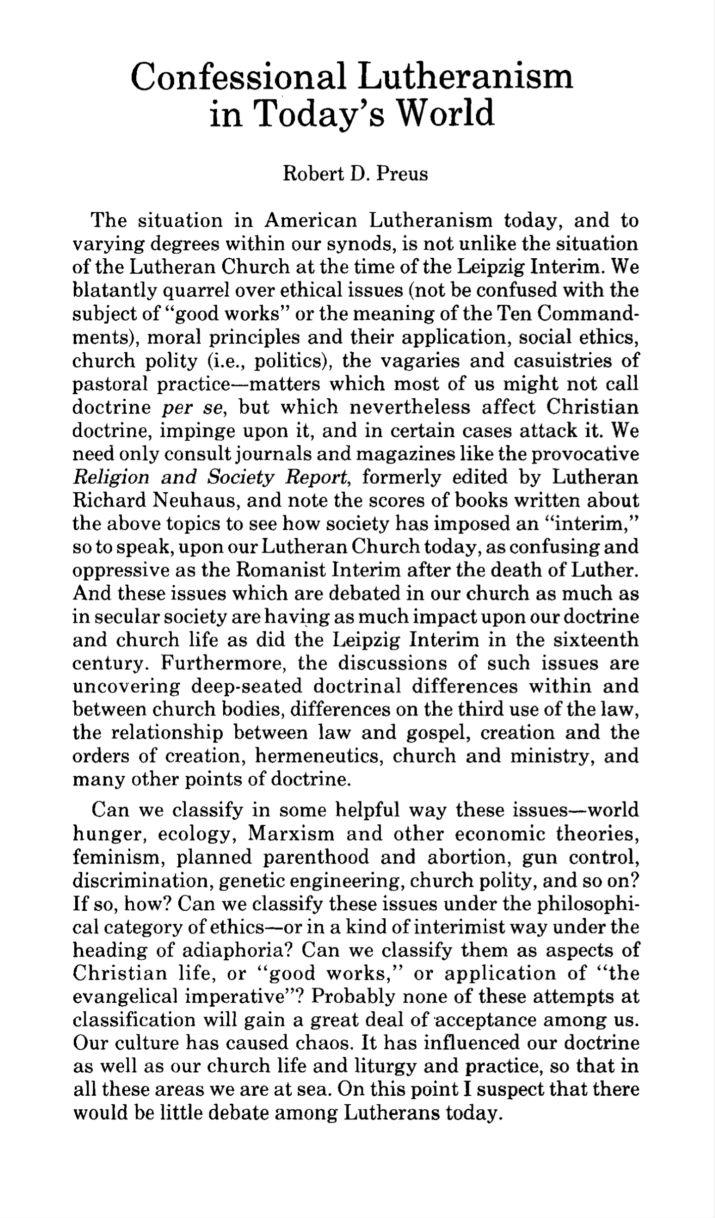 Confessional Lutheranism in Today’s World 1990 – Christ for Us